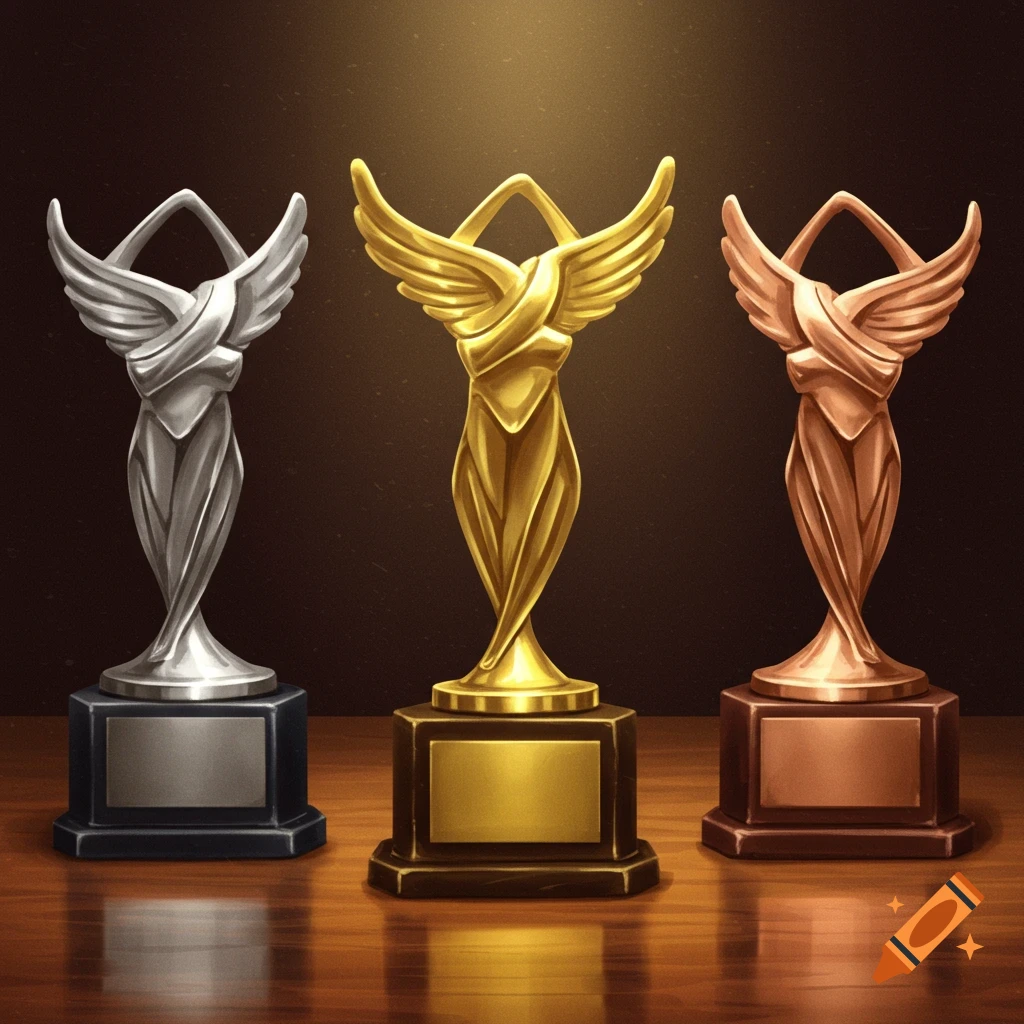 Three silver, gold, and bronze winged trophies on a wooden table on Craiyon