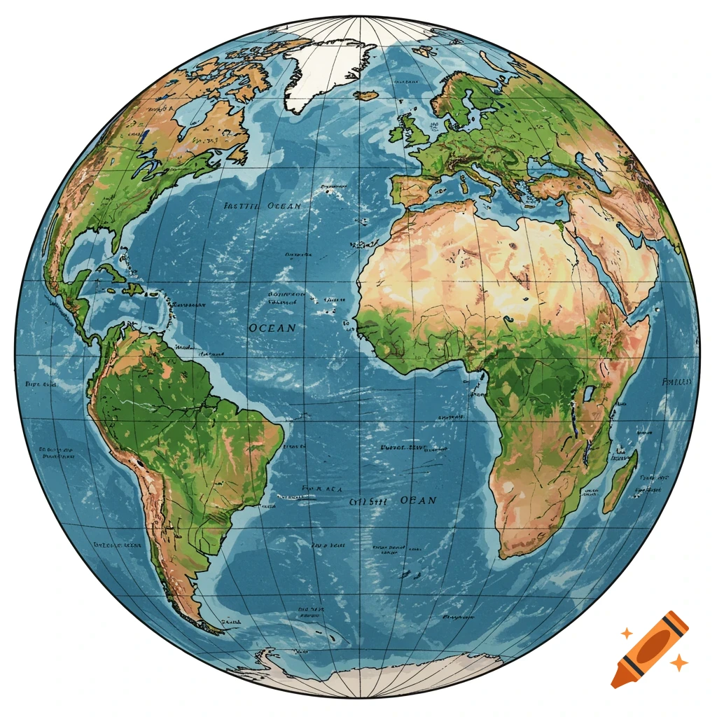 A hand-drawn globe showing the Atlantic Ocean, North and South America ...