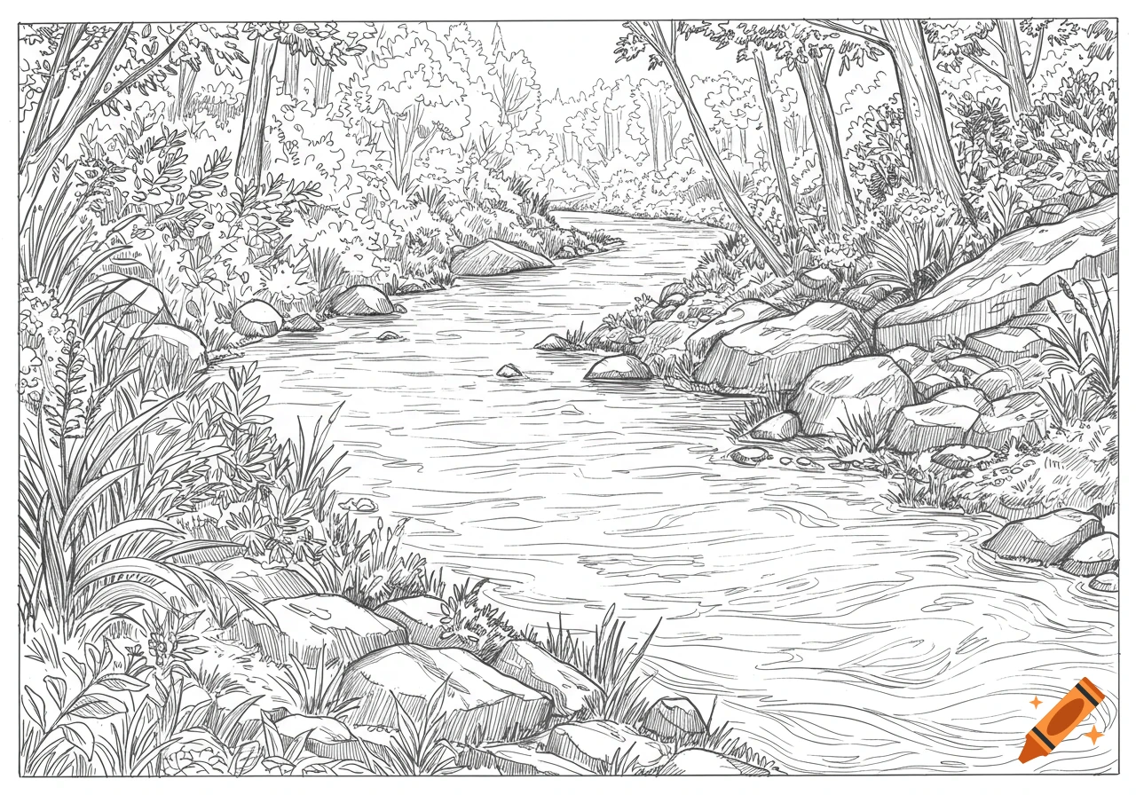 Line drawing of a river flowing through a rocky forest landscape. on ...
