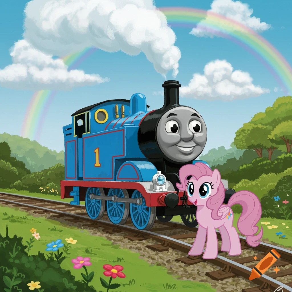 Cartoon illustration of Thomas the Tank Engine and Pinkie Pie standing ...