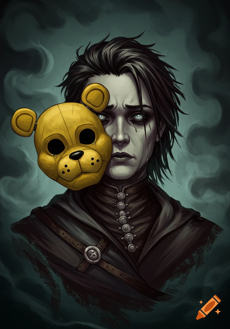 Dark fantasy character portrait with a yellow bear mask. on Craiyon