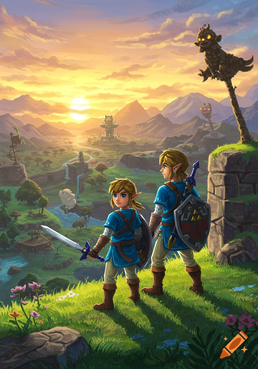 Two versions of Link look over a vast fantasy landscape at sunset. on ...