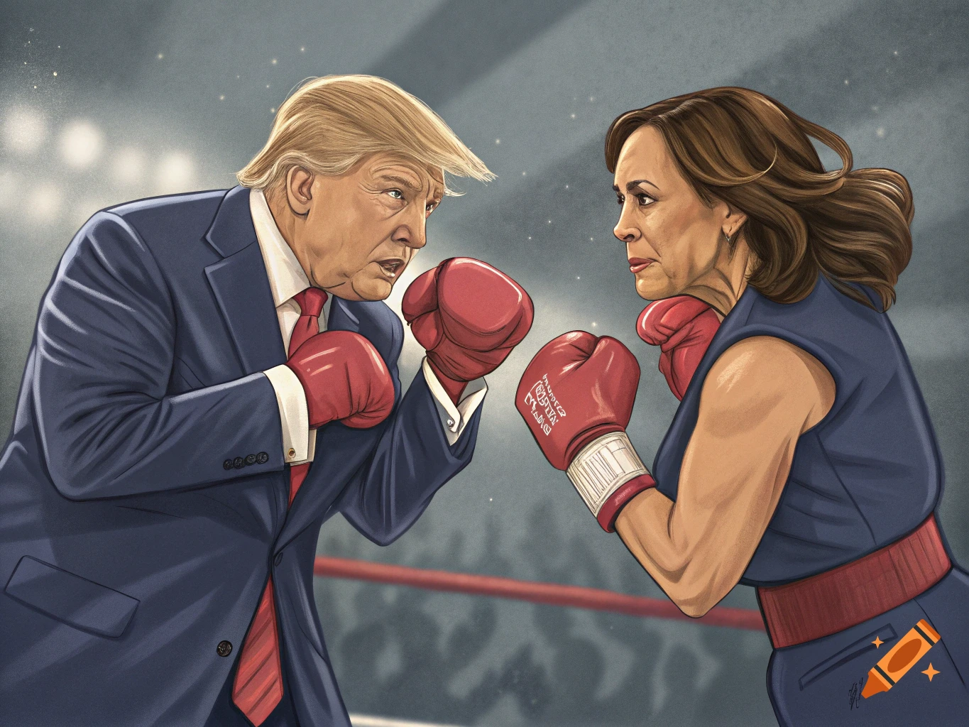 Illustration of Donald Trump and Kamala Harris boxing in a ring. on Craiyon