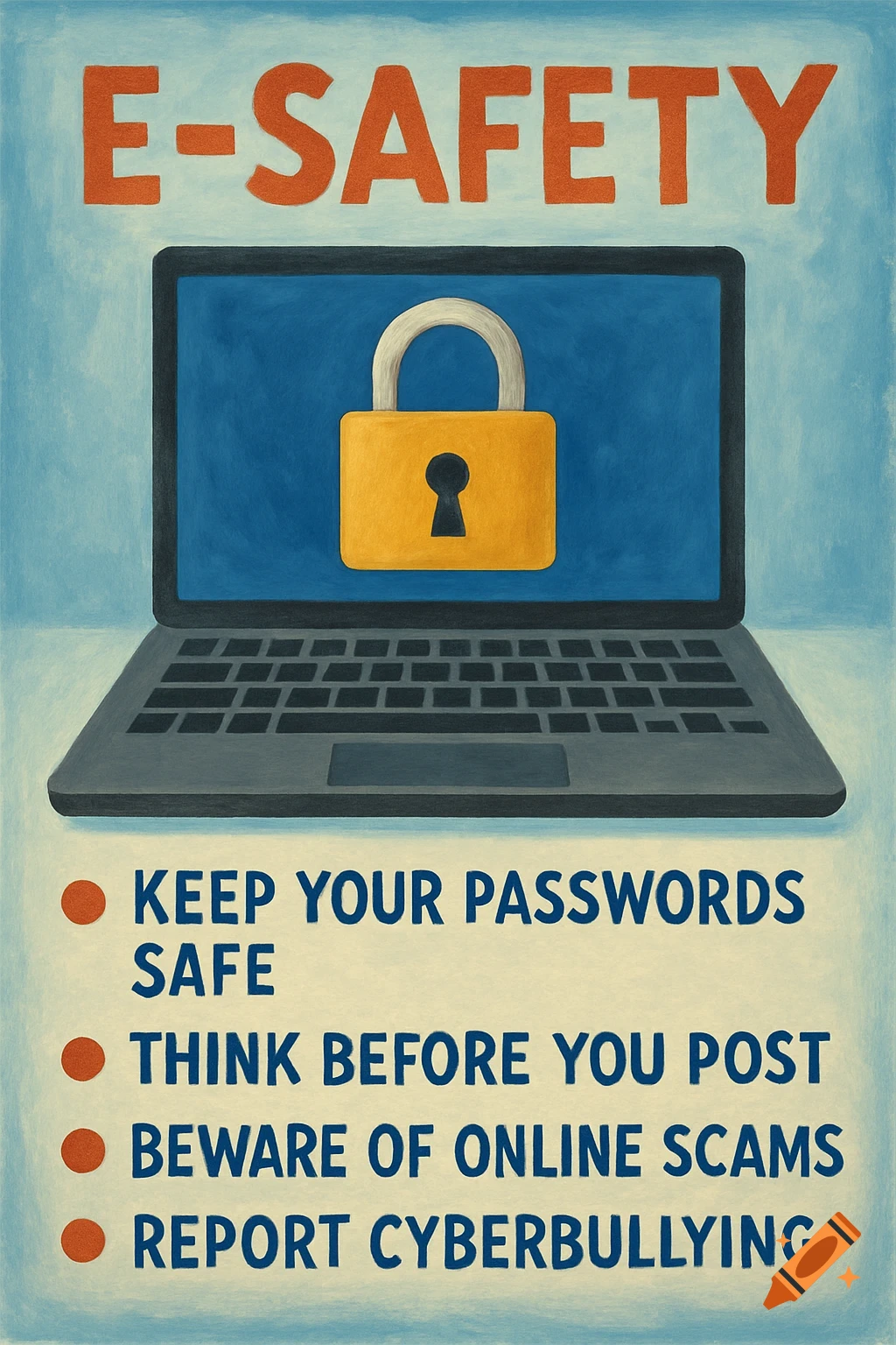 An e-safety poster with a laptop showing a yellow padlock on the screen ...