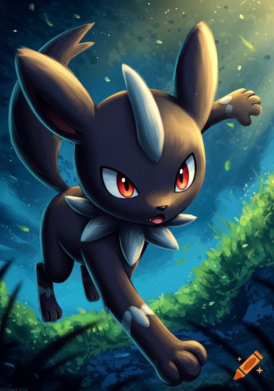 A dark, fox-like Pokemon creature with red eyes runs through a forest ...