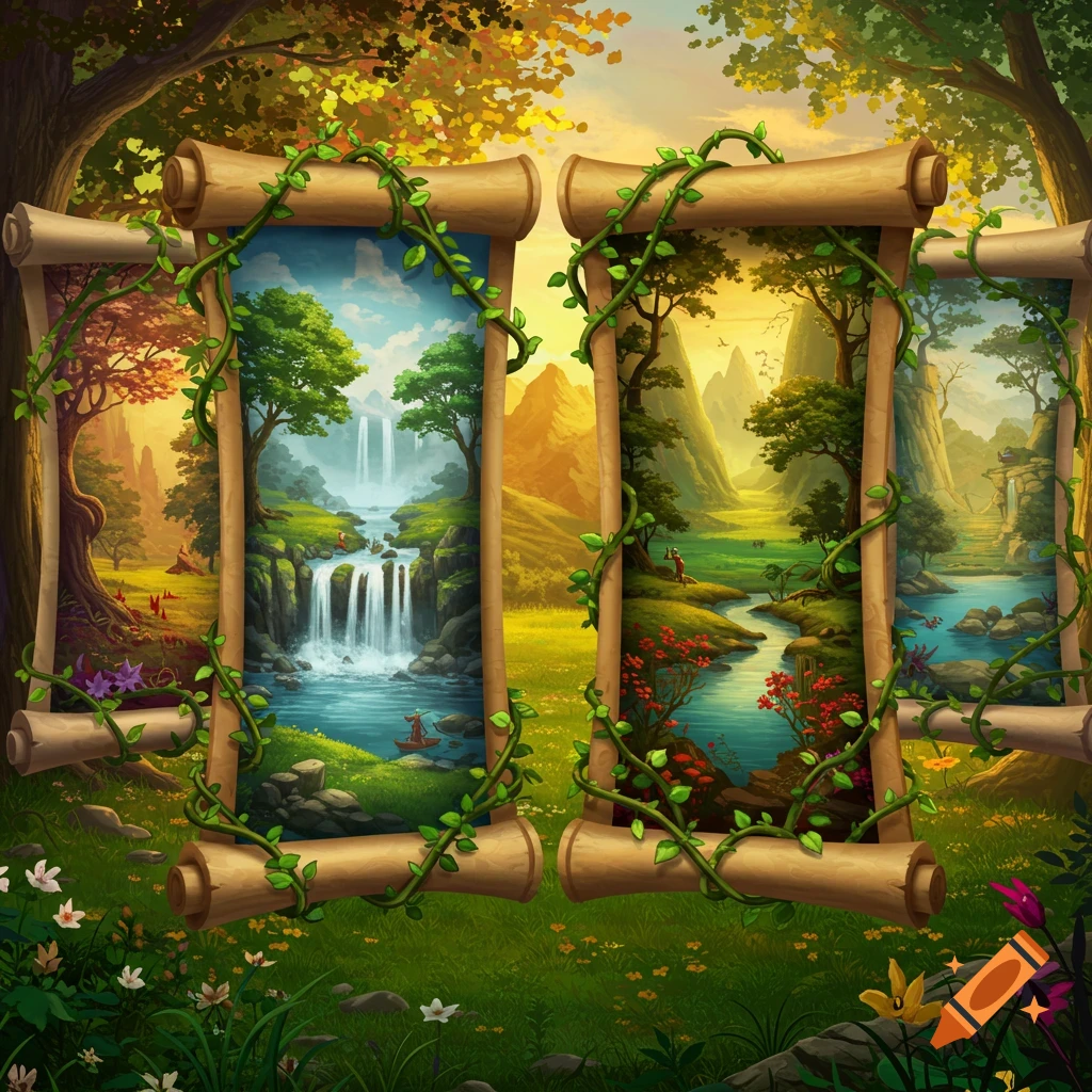 Four scrolls with fantasy nature landscapes hang in a forest, tied with ...