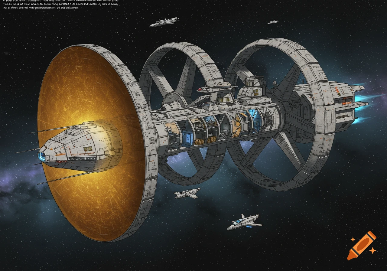 Detailed concept art of a large, modular spacecraft with a front shield ...