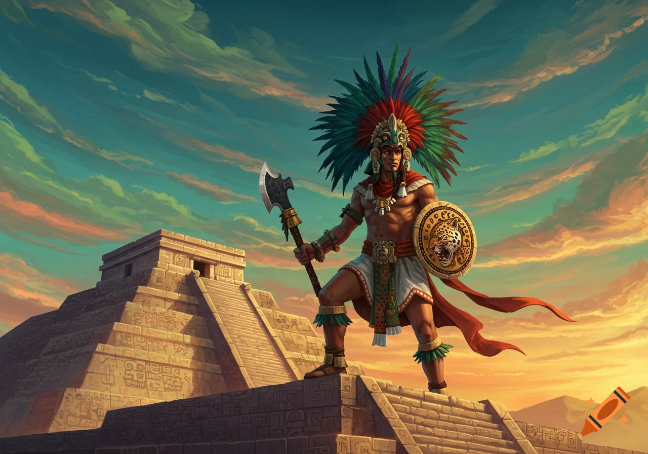 Aztec warrior standing on a pyramid at sunset on Craiyon