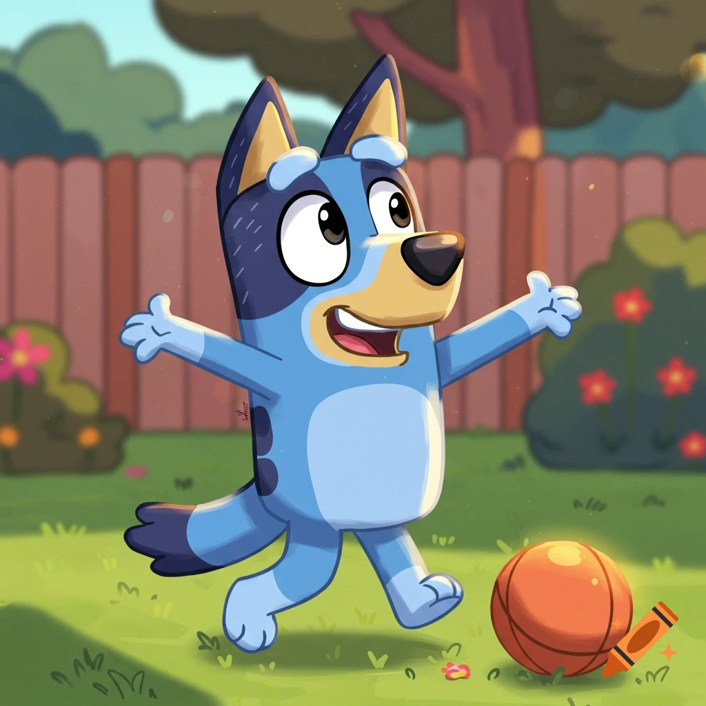 Cartoon Bluey character playing with a basketball in a sunny backyard ...