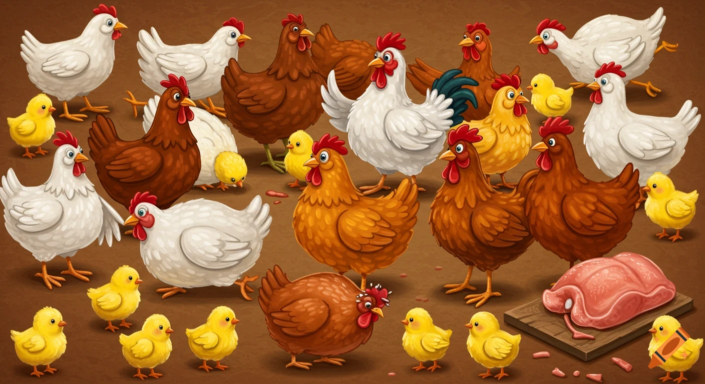 Cartoon chickens and chicks with a piece of raw meat on a cutting board ...