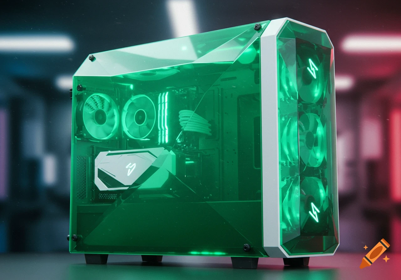 Green illuminated gaming computer case with a white GPU. on Craiyon