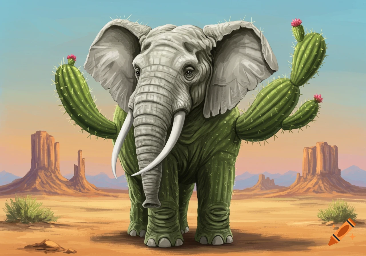 Fantasy elephant-cactus hybrid creature stands in a desert landscape ...