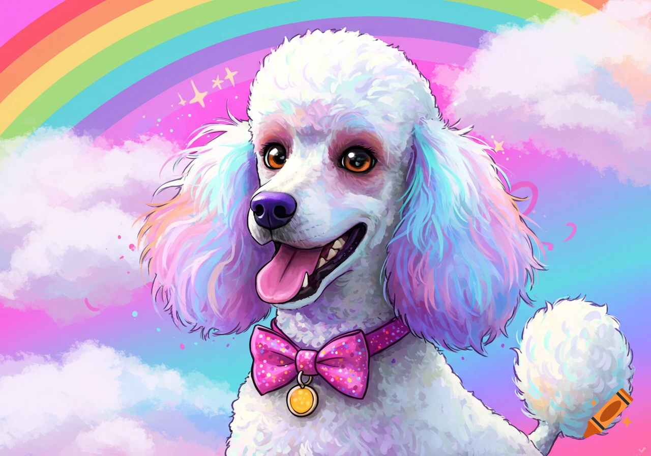 Illustration of a white poodle with rainbow fur and a pink bow tie ...