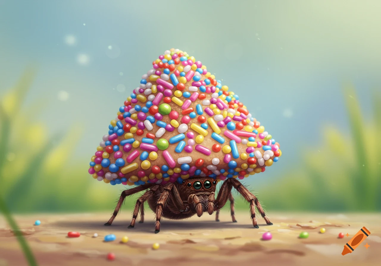 A tiny jumping spider carries a large pyramid covered in colorful ...