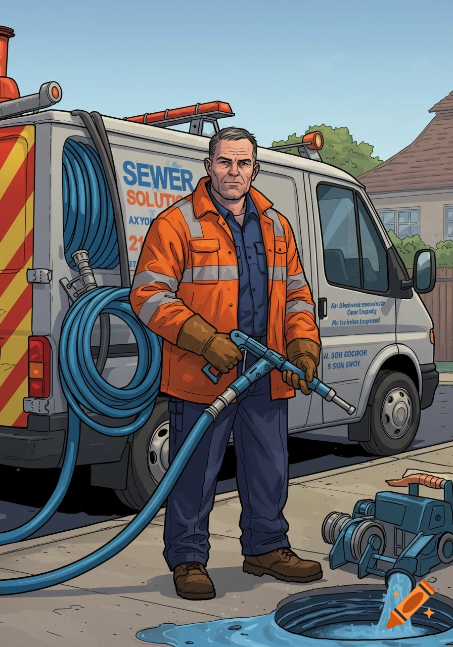 Illustration of a sewer engineer standing next to a van with a jetting ...
