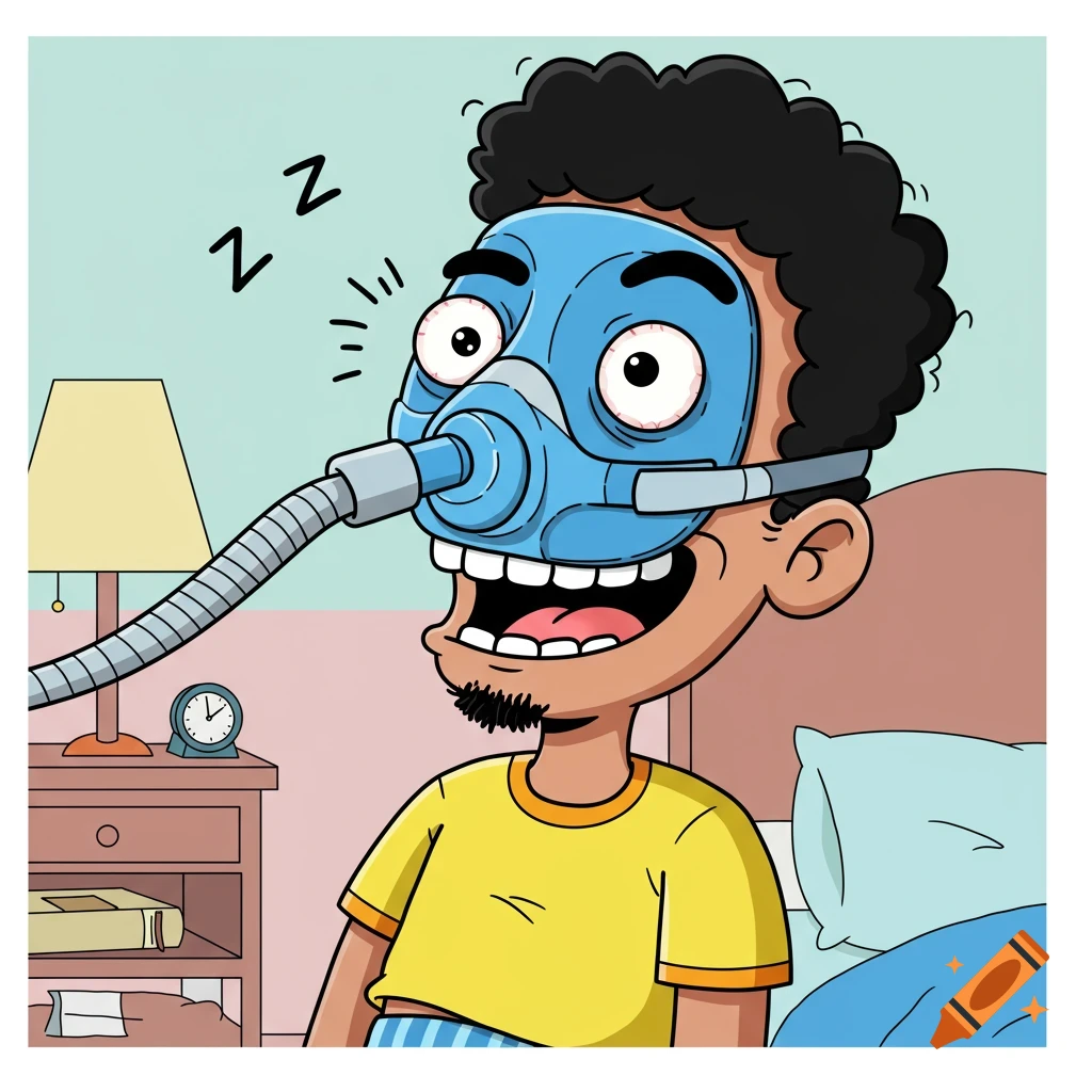 Cartoon man in bed wearing a CPAP mask with wide eyes and Zzz symbols ...