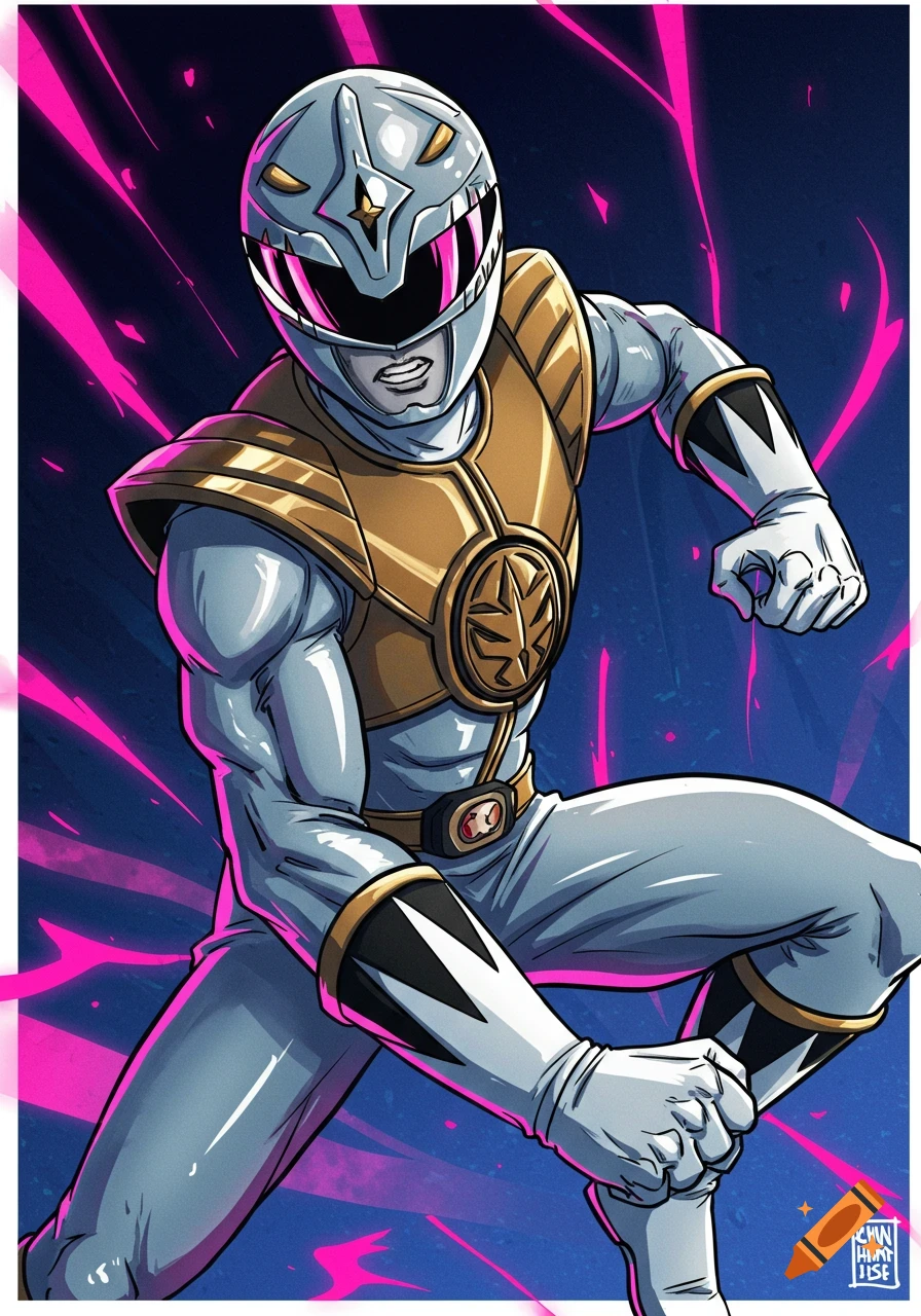 Illustration of the White Power Ranger in a dynamic pose. on Craiyon