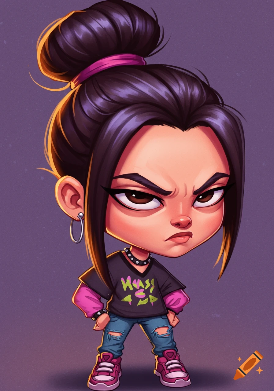 Cartoon chibi girl with angry expression, bun, ripped jeans, and chunky ...