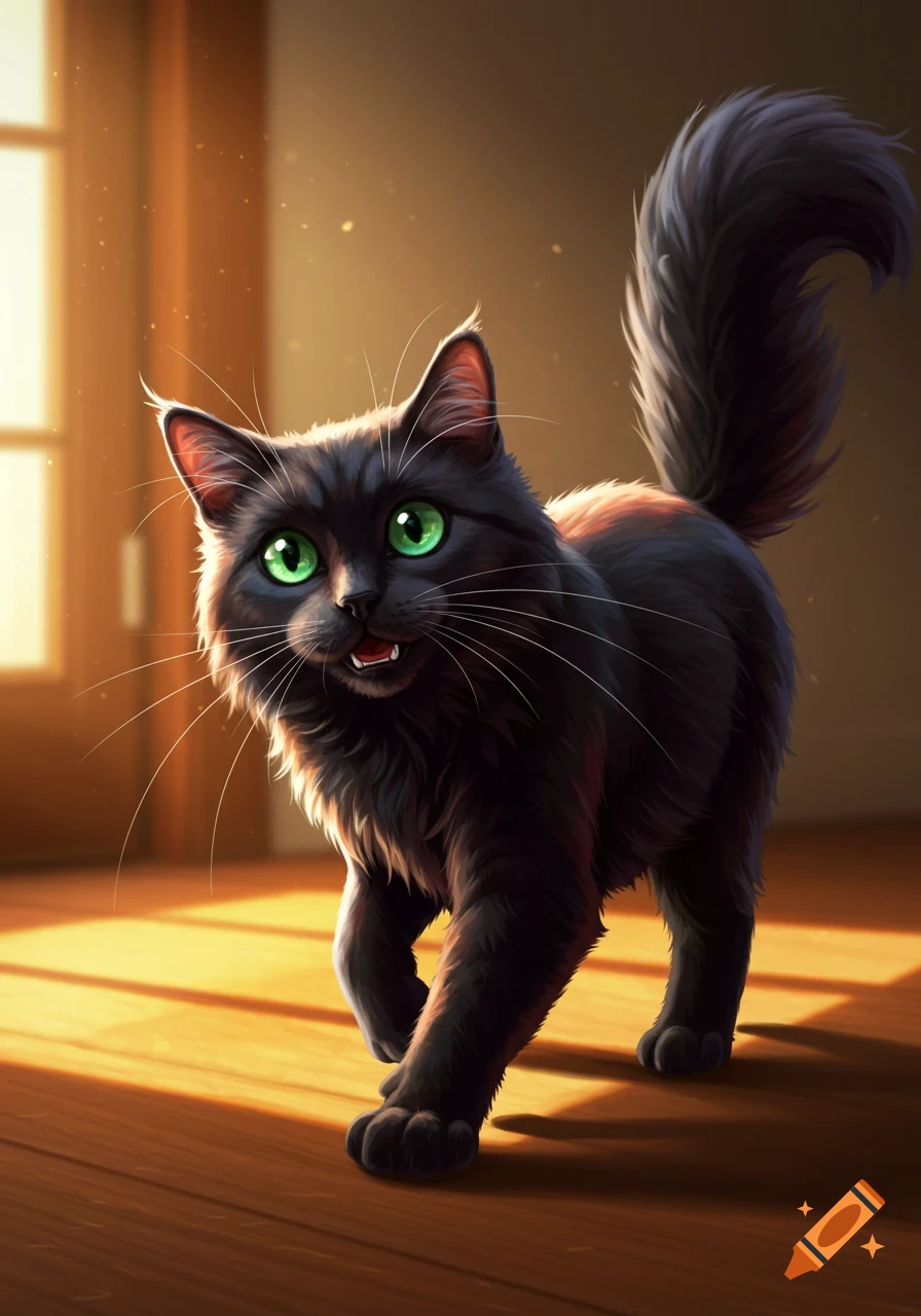 A fluffy black cat with bright green eyes walks across a sunlit wooden ...