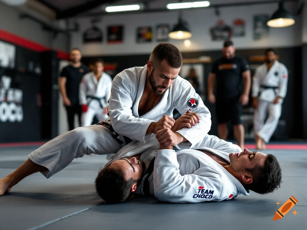 Two men grappling on a mat during a Brazilian Jiu-Jitsu class, with ...