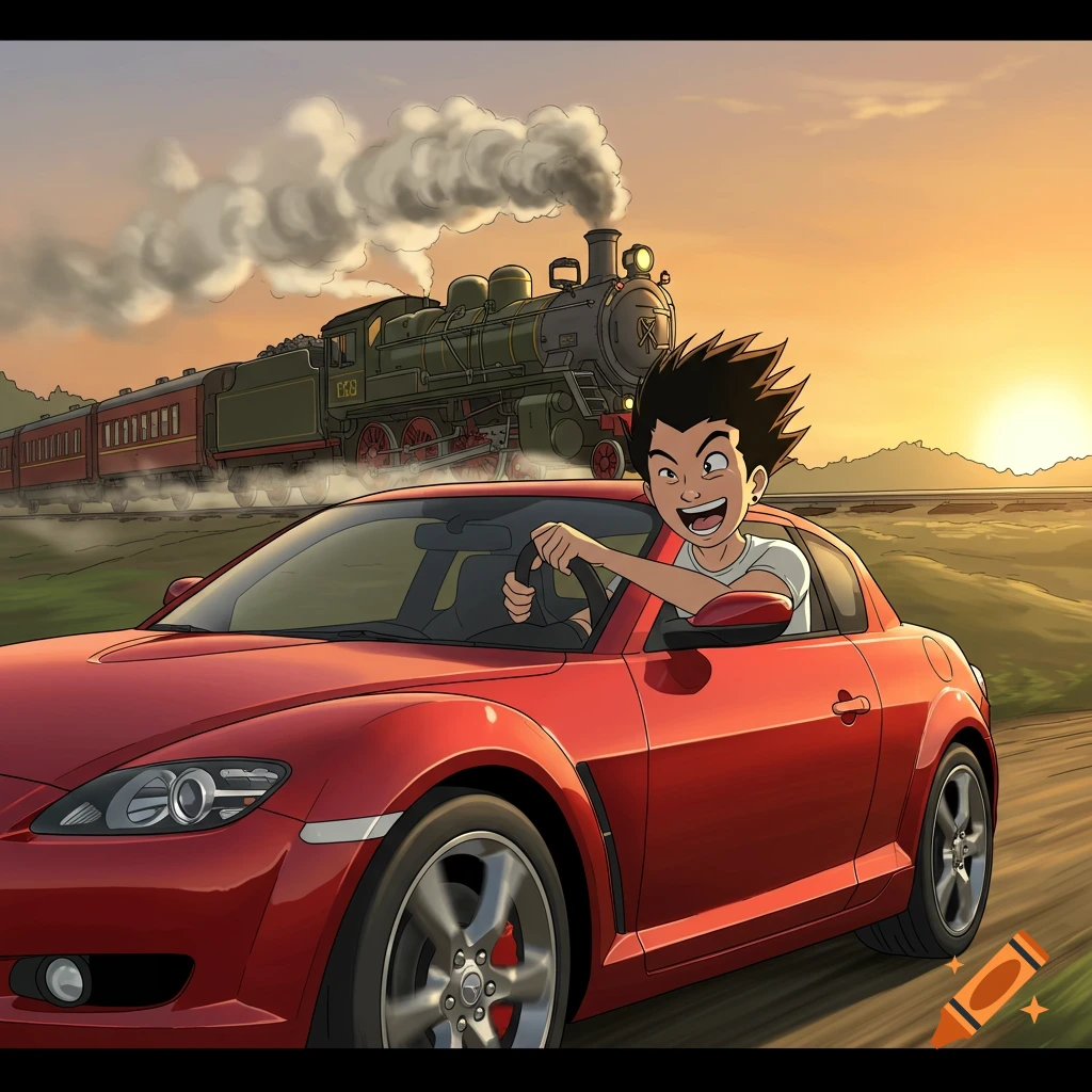 Cartoon boy in a red Mazda RX8 racing a train at sunset in anime style ...