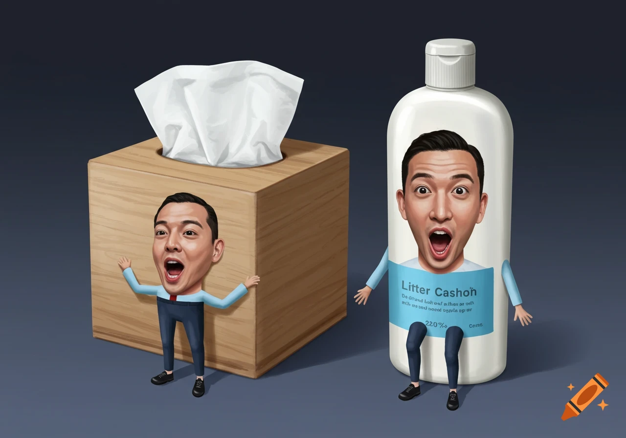 Illustration of anthropomorphic tissue box and lotion bottle with human ...