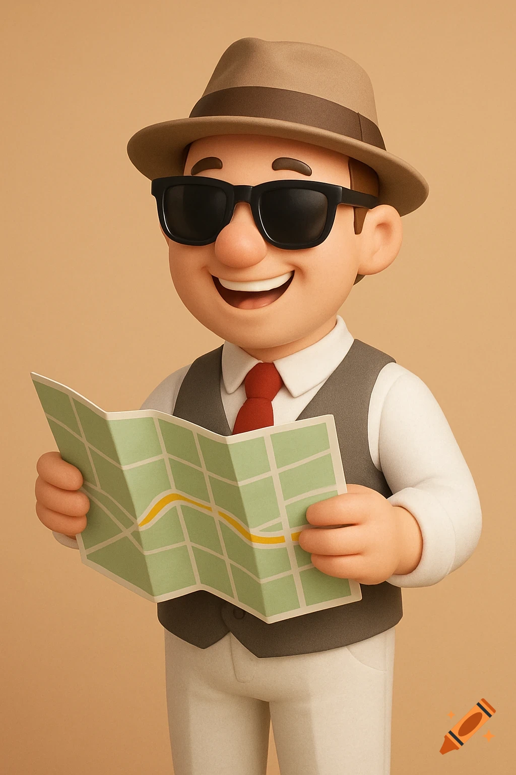 A 3D cartoon figure of a man in a hat and sunglasses smiling and ...