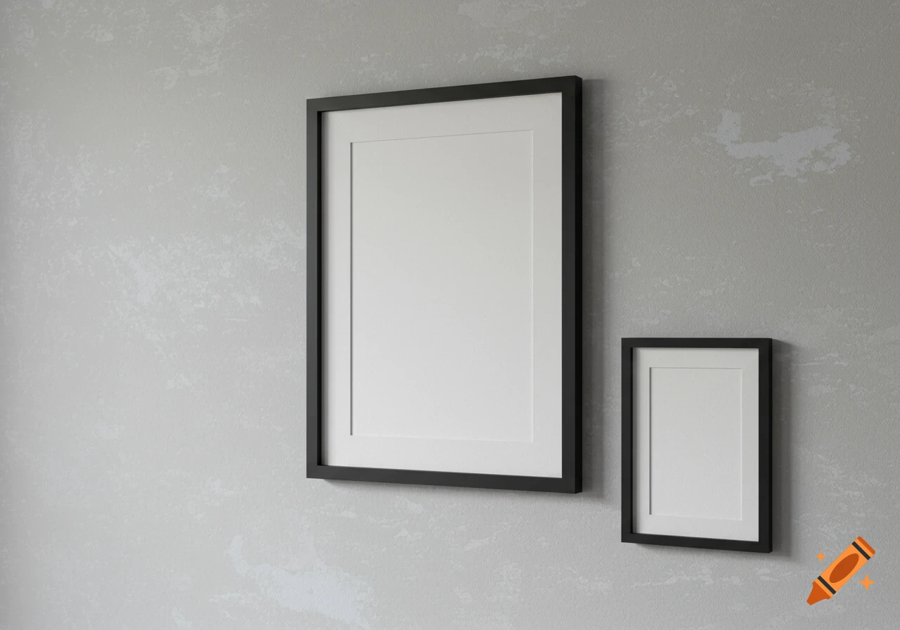 Two empty black picture frames hanging on a grey textured wall ...