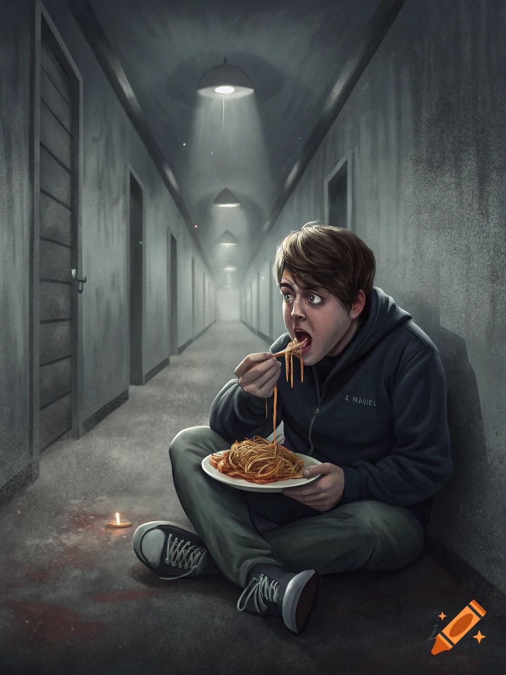 Person eating spaghetti on the floor in a dark, unsettling hallway. on ...