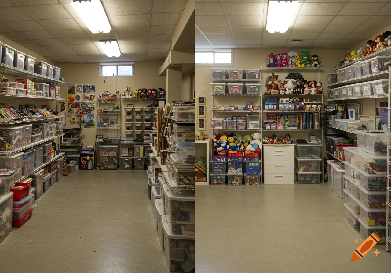 Split image showing a messy basement storage area on the left and an ...