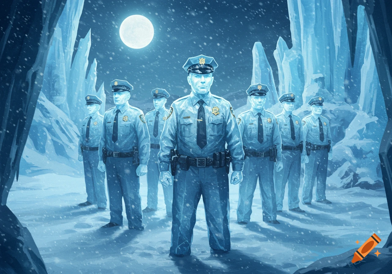Squad of police officers made of ice standing in a snowy cave under a ...