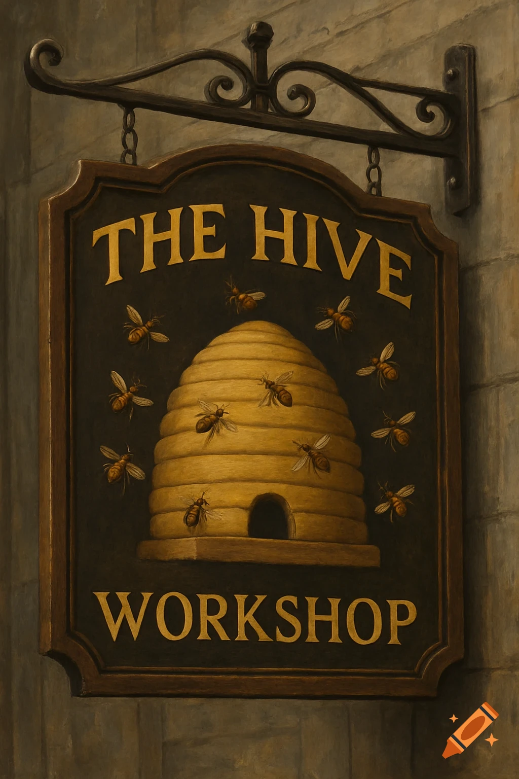 Painting of a hanging sign for The Hive Workshop, featuring a beehive and bees. on Craiyon