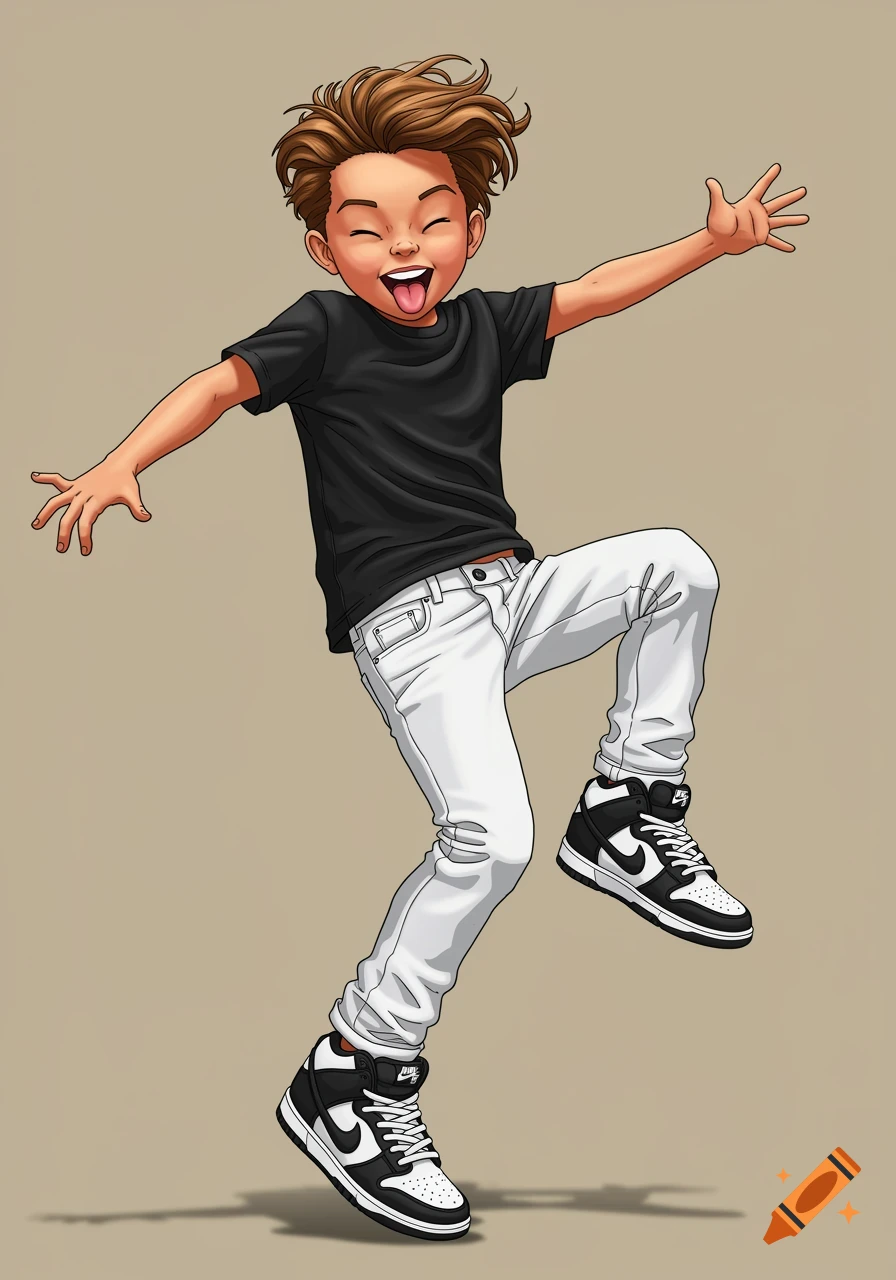 Cartoon illustration of a boy jumping with arms wide, wearing white ...