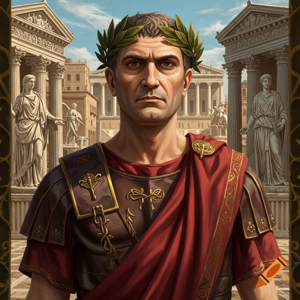 Portrait of a Roman Emperor wearing a laurel wreath, armor, and red ...