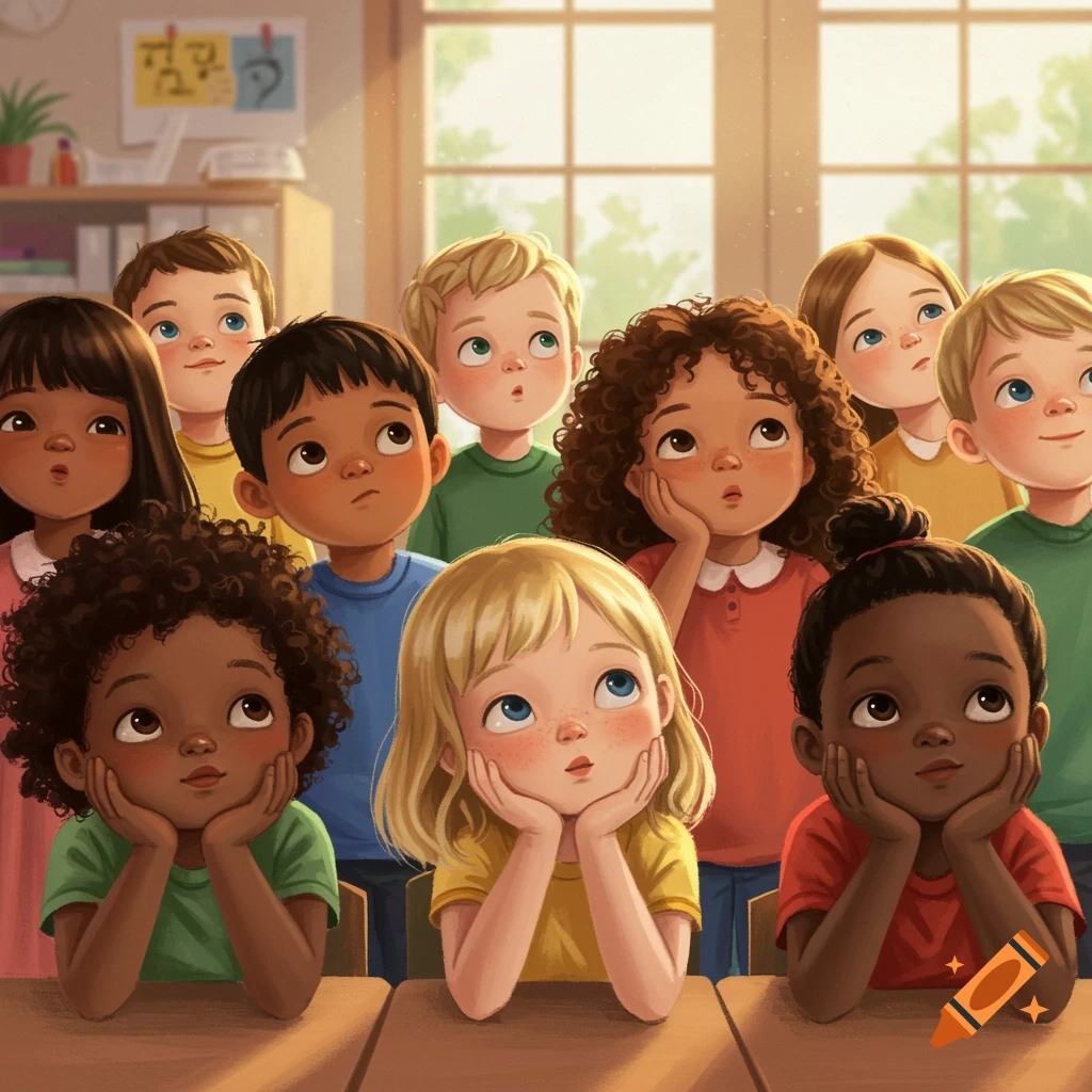 Illustration of young children in a classroom looking upwards. on Craiyon