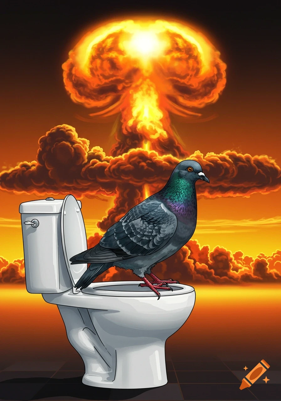 A cartoon pigeon stands on a toilet as a nuclear explosion rises behind ...
