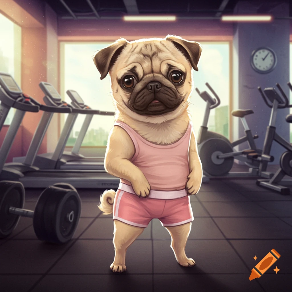 A cute pug wearing a pink tank top and shorts stands in a gym. on Craiyon