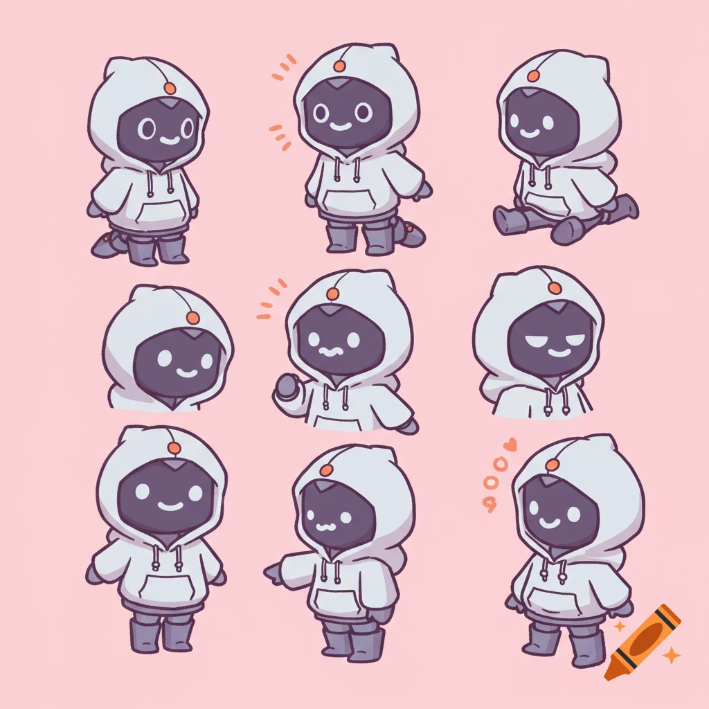 Multiple illustrations of a cute chibi robot in a white hoodie in ...
