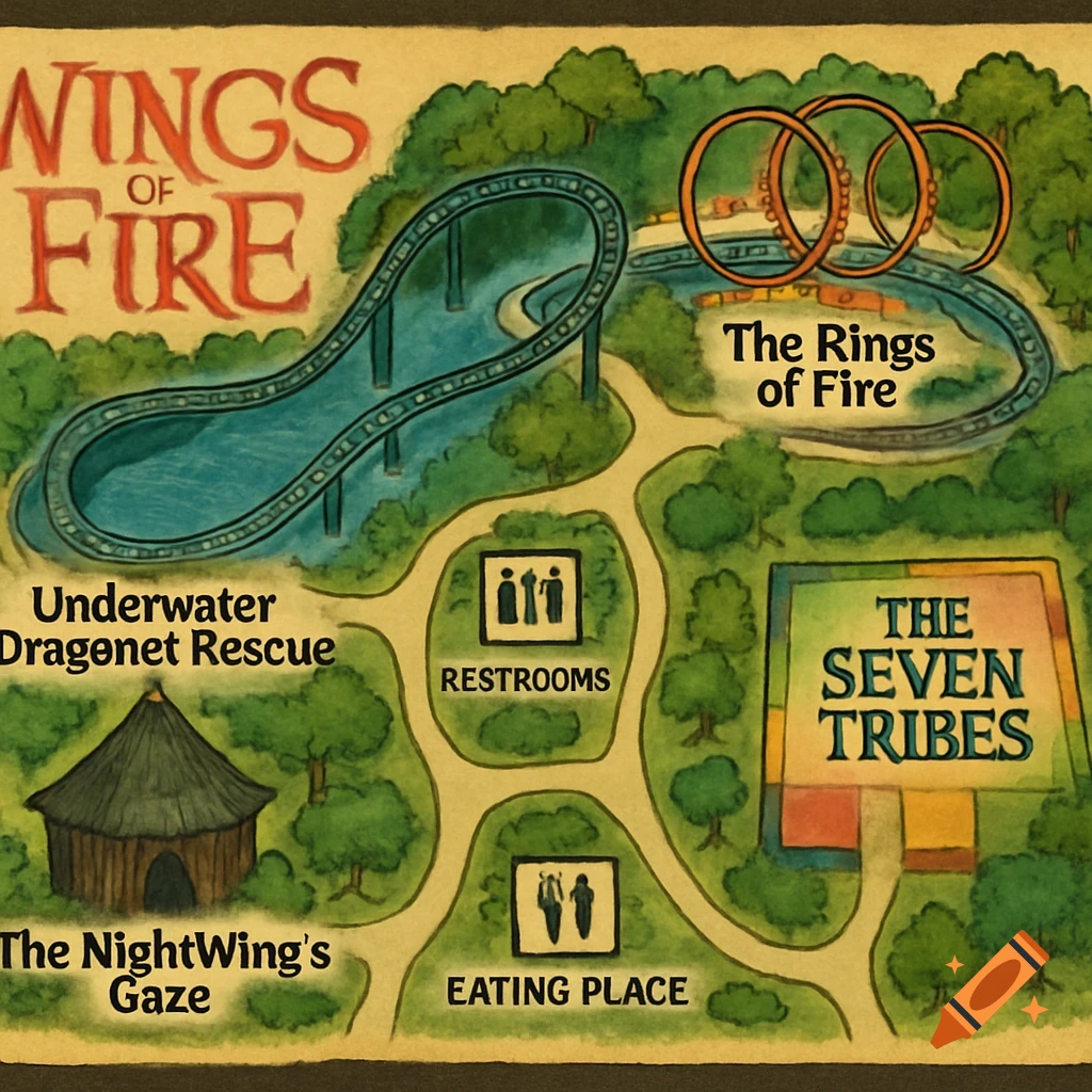 A hand-drawn fantasy theme park map titled Wings of Fire, showing ...