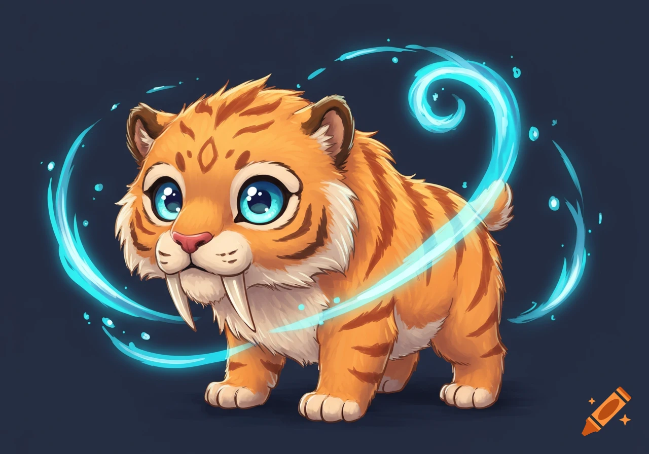 A cute cartoon sabertooth tiger stands with blue glowing swirls around ...