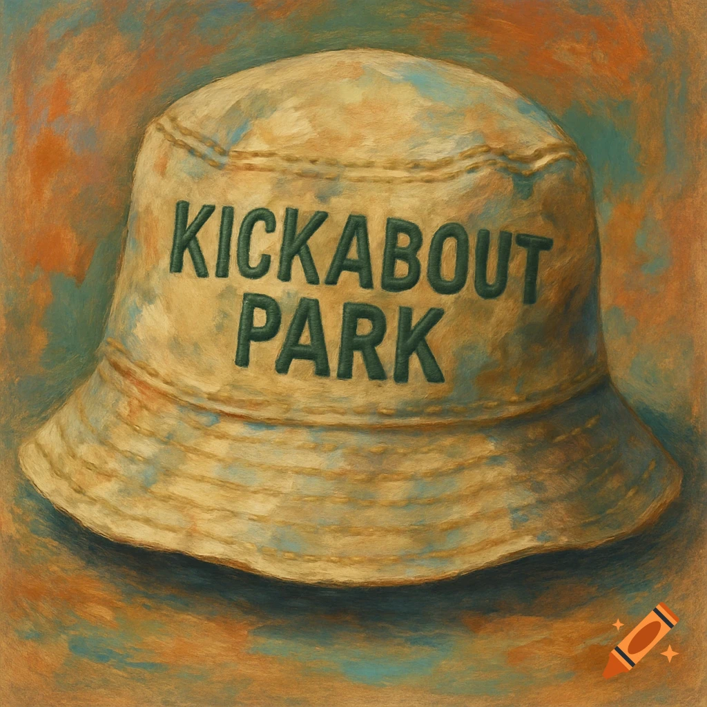A painterly depiction of a bucket hat with the words KICKABOUT PARK on ...