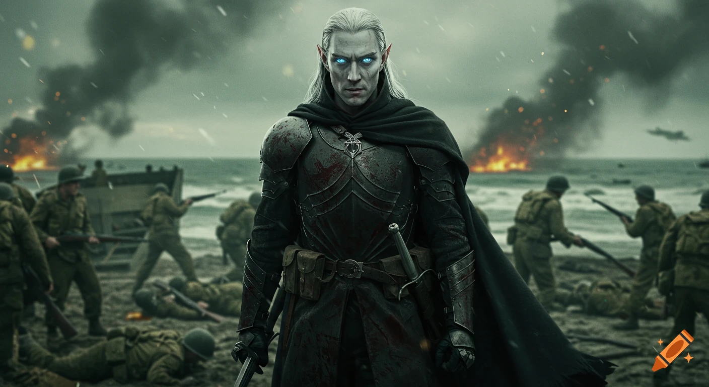 Elf vampire in armor on a battle-scarred beach with soldiers on Craiyon