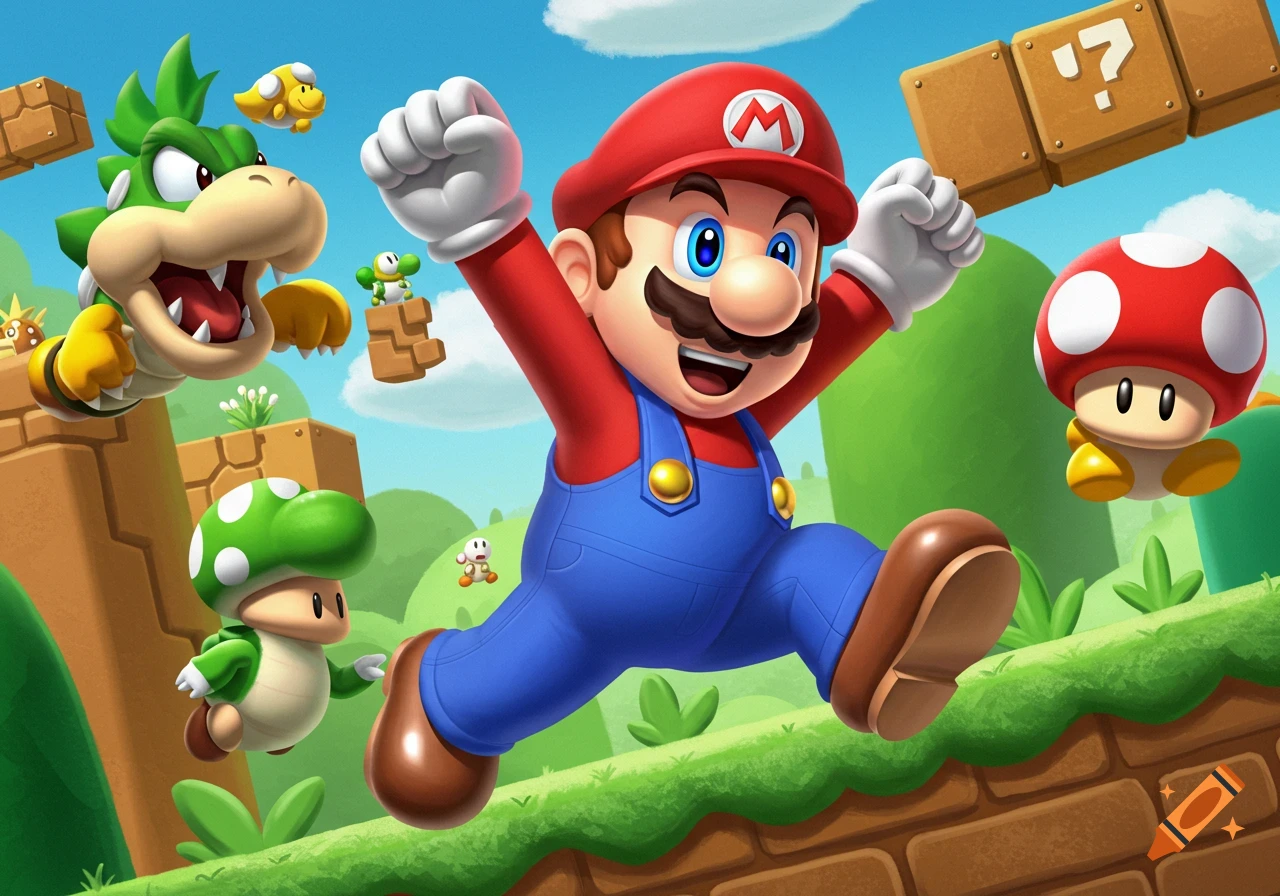 Mario jumps with Bowser Jr., a Goomba, and mushrooms in a colorful game ...