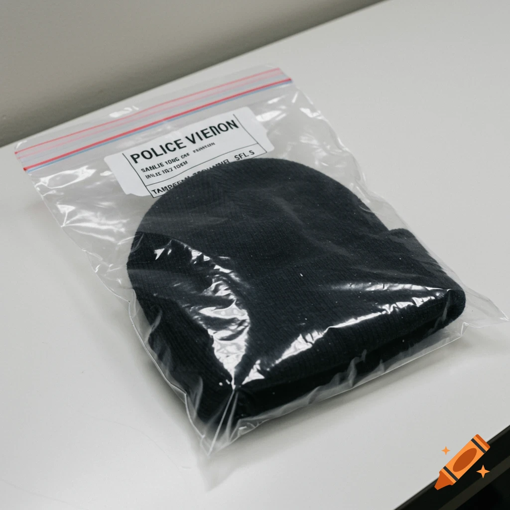 Black beanie hat sealed inside a clear plastic police evidence bag. on ...