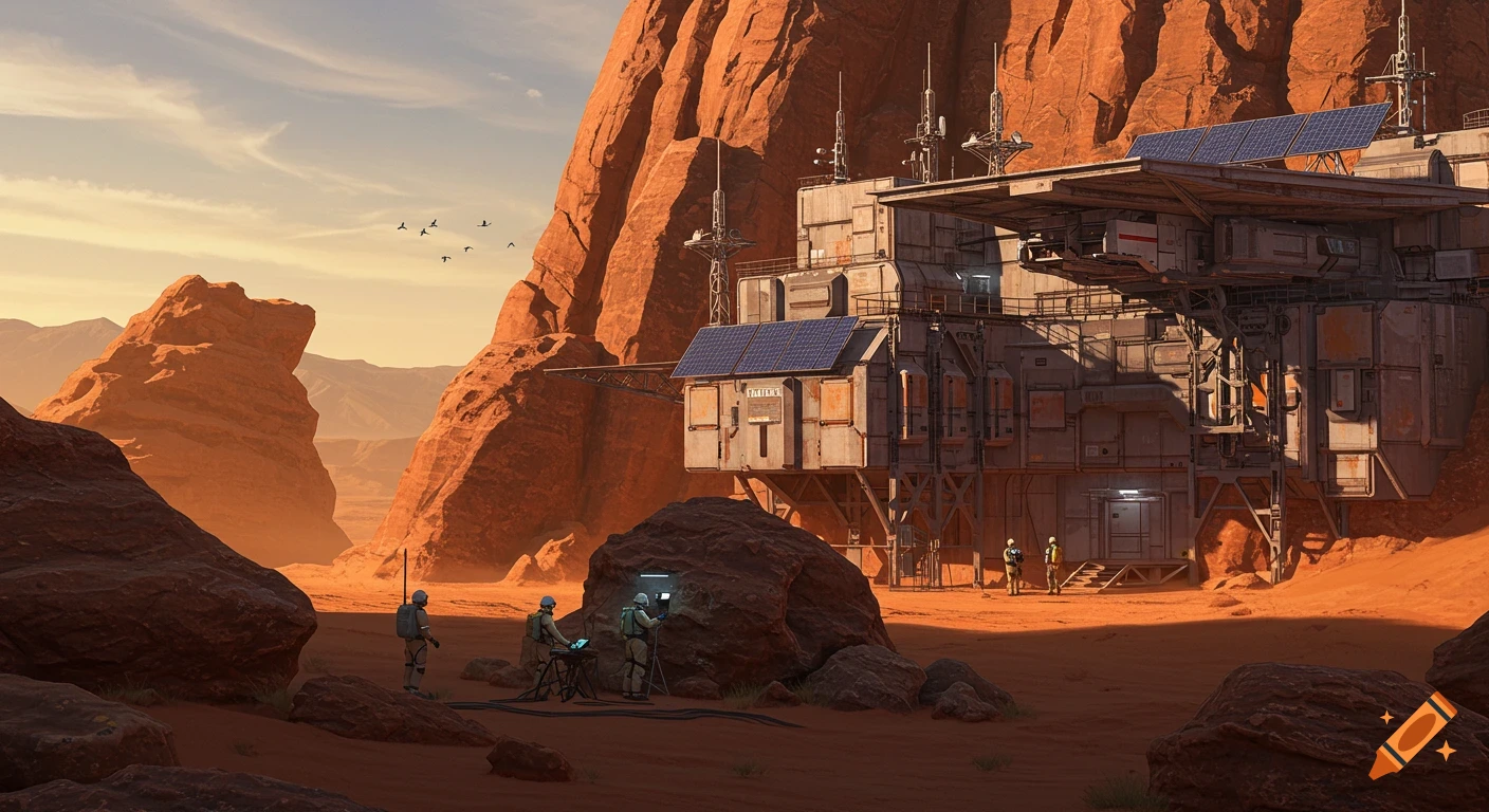 A science fiction base built into a red rock mountain in a desert, with ...
