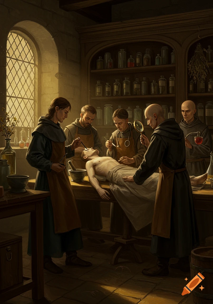 Medieval doctors perform a procedure on a body in a room with medical ...