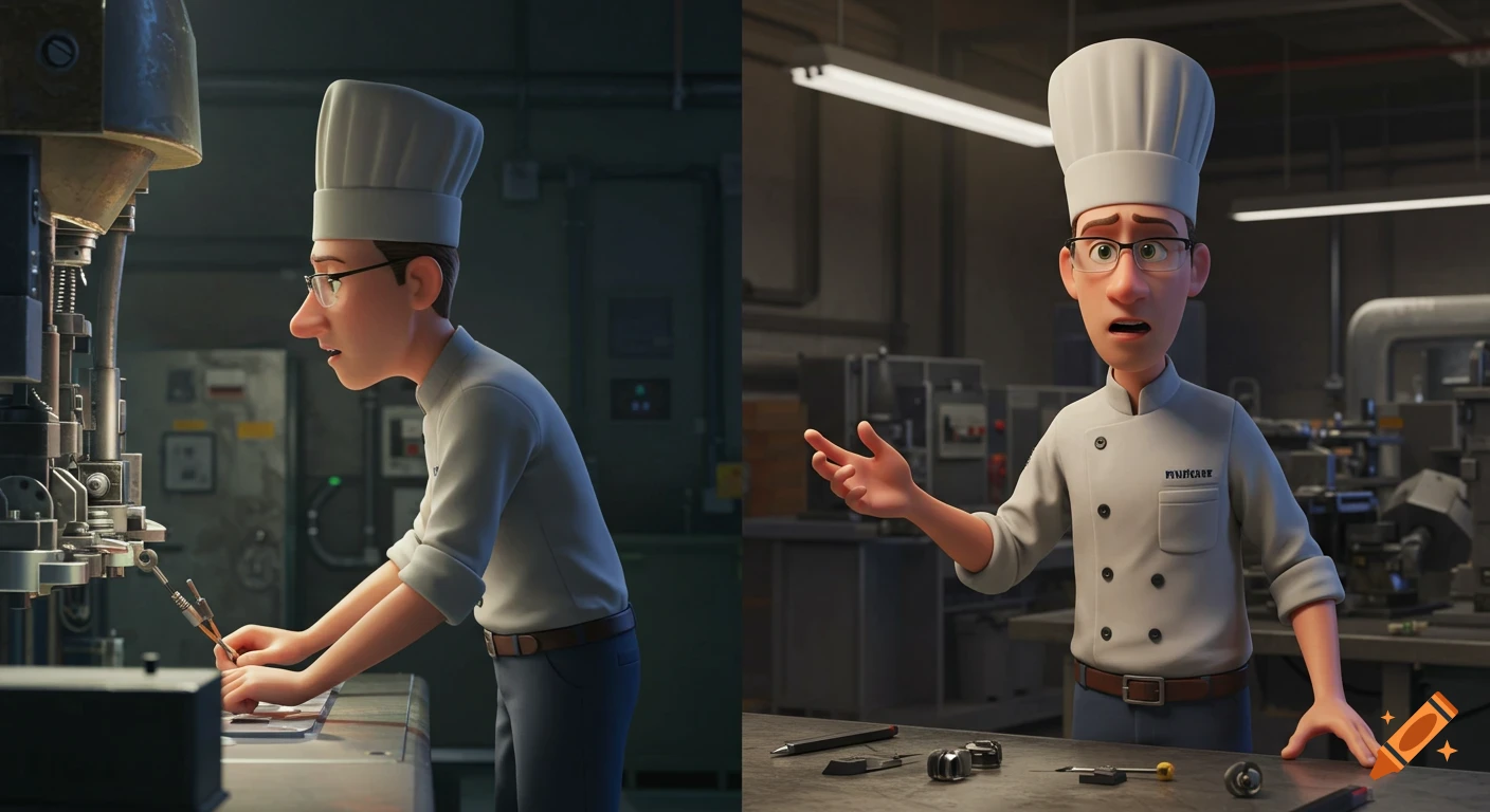 Two scenes show a cartoon chef in a factory, Pixar style. On left, he's ...