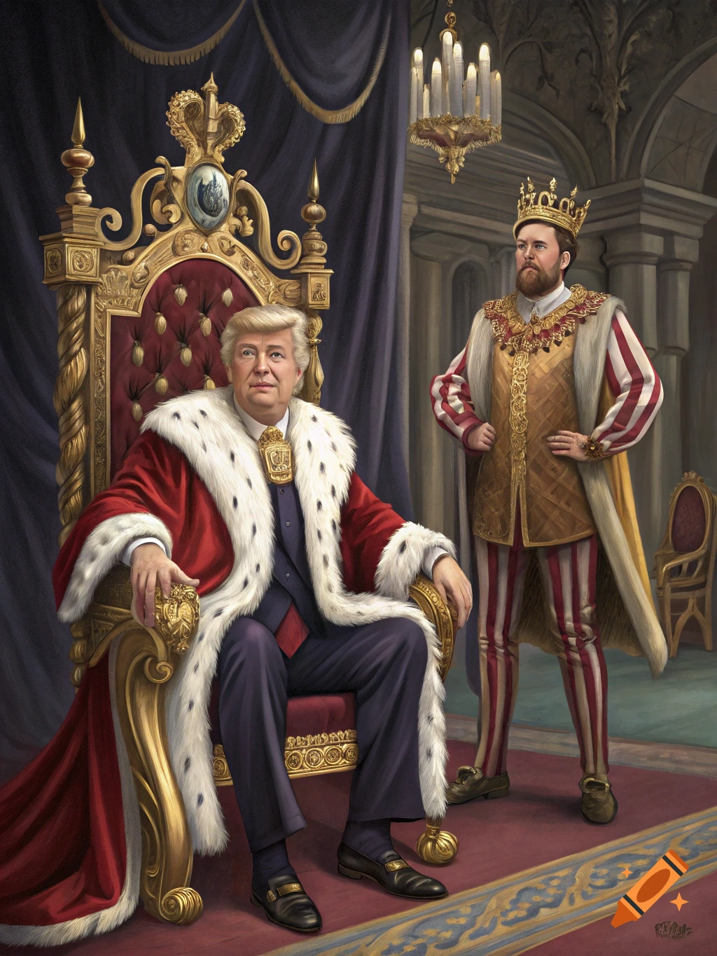 Painting of Trump as king on a throne with man resembling J.D. Vance ...