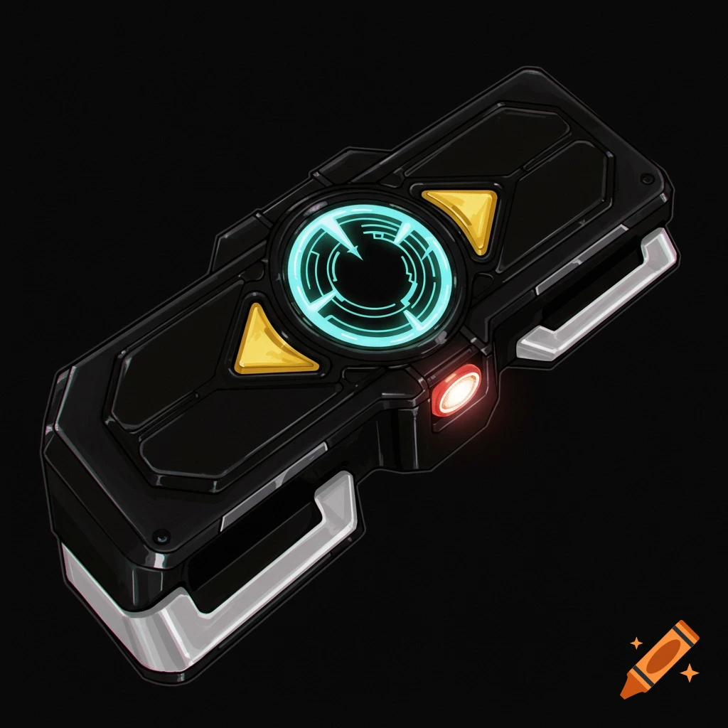 A black, grey, and yellow sci-fi device with a glowing blue circular ...