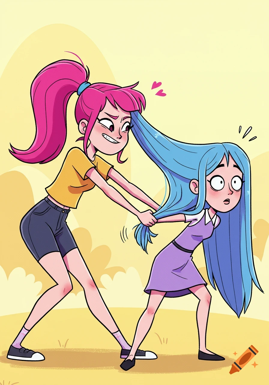 Cartoon of a girl with pink hair pulling the long blue hair of another ...